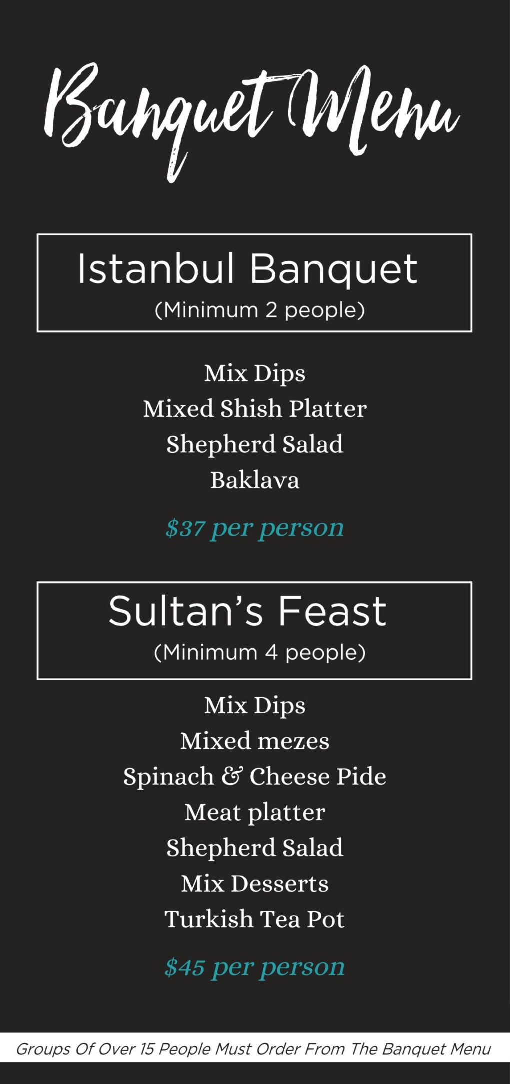 Banquet Menu - Taste of Turkey Turkish Restaurant